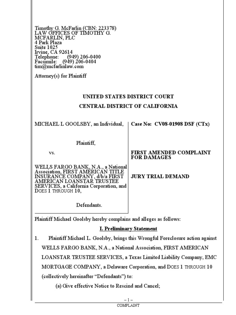 Wrongful Foreclosure Complaint Against Wells Fargo | PDF | Truth In ...
