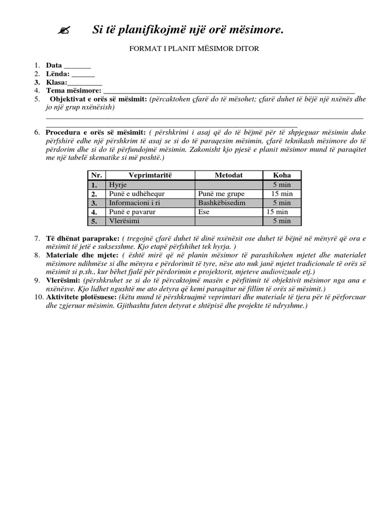 Si Te Planifikojme Nje Ore Mesimore | PDF