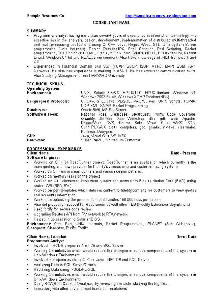 C++ Developer - Sample Resumes - CV | PDF | Unix | Java (Programming Language)