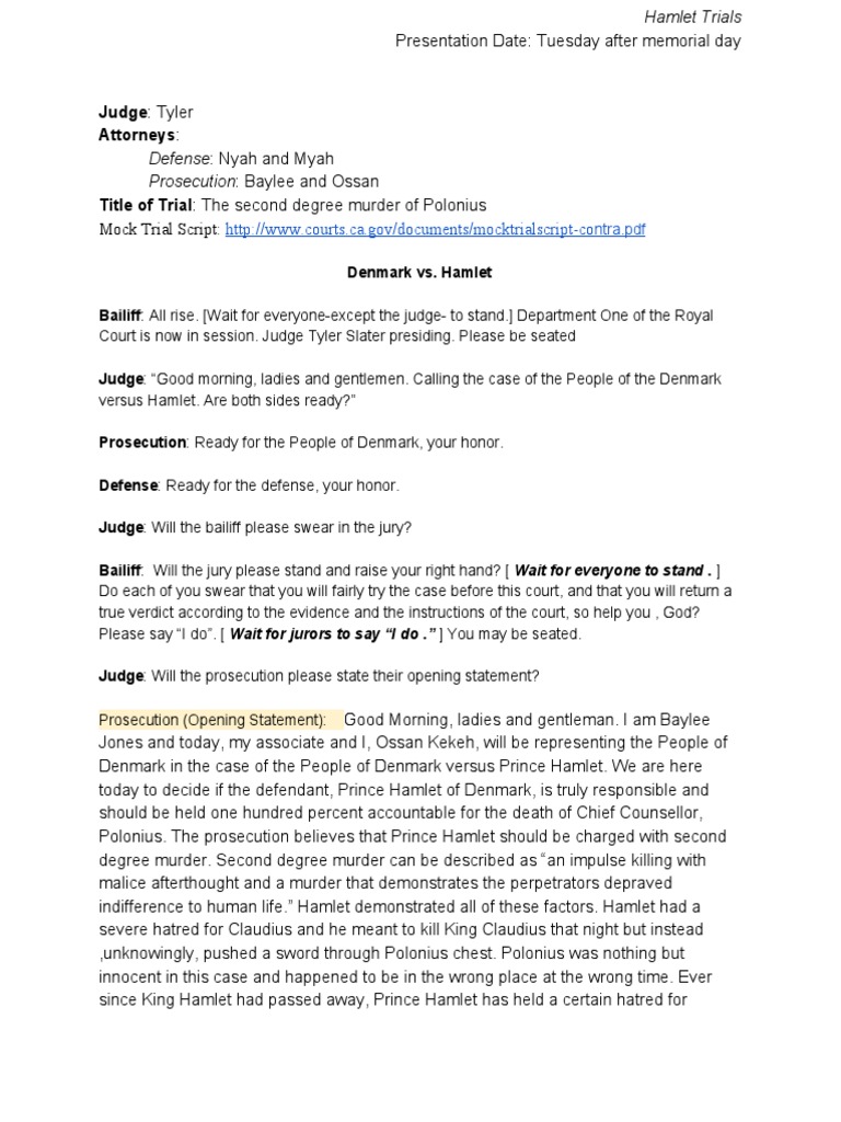 Hamlet Trials Script | PDF | Hamlet | Prosecution