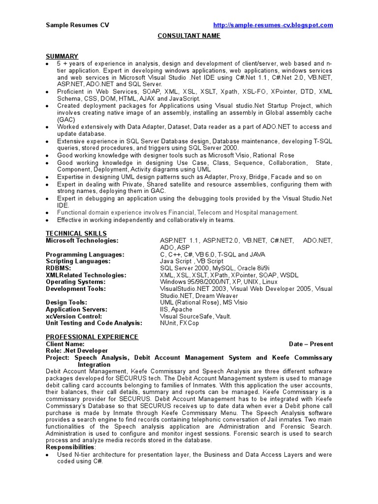 .NET Developer Resume Sample | PDF | Microsoft Sql Server | Microsoft ...
