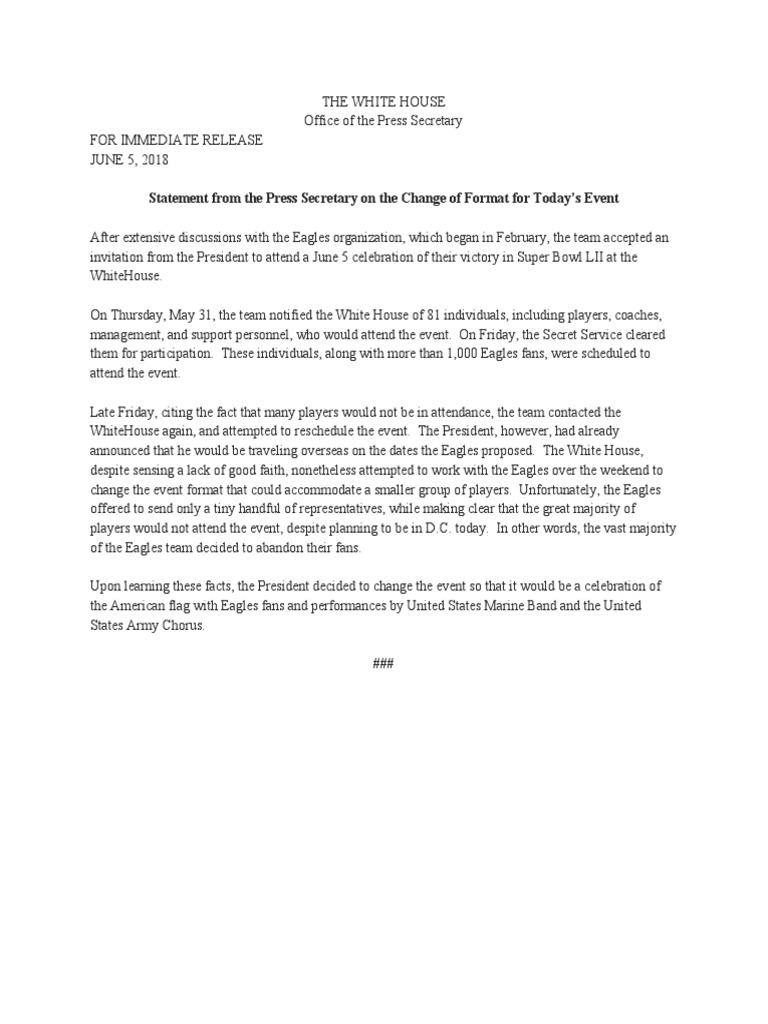 White House Statement On Eagles | PDF