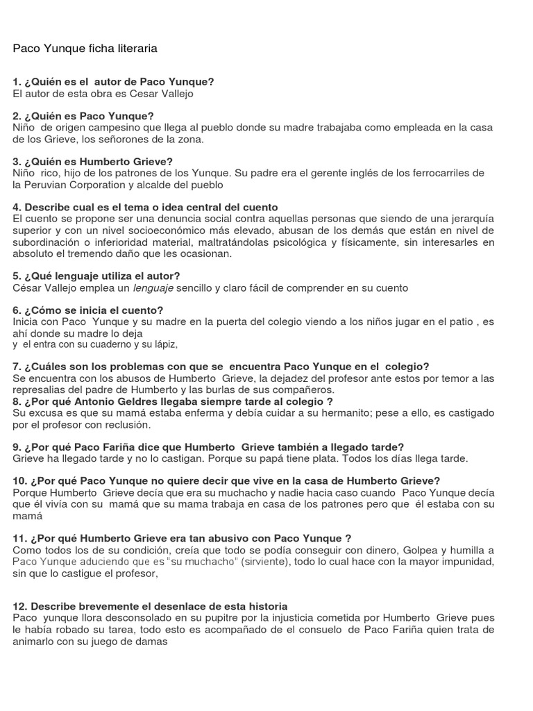 Paco Yunque Preguntas y Respuestas | PDF