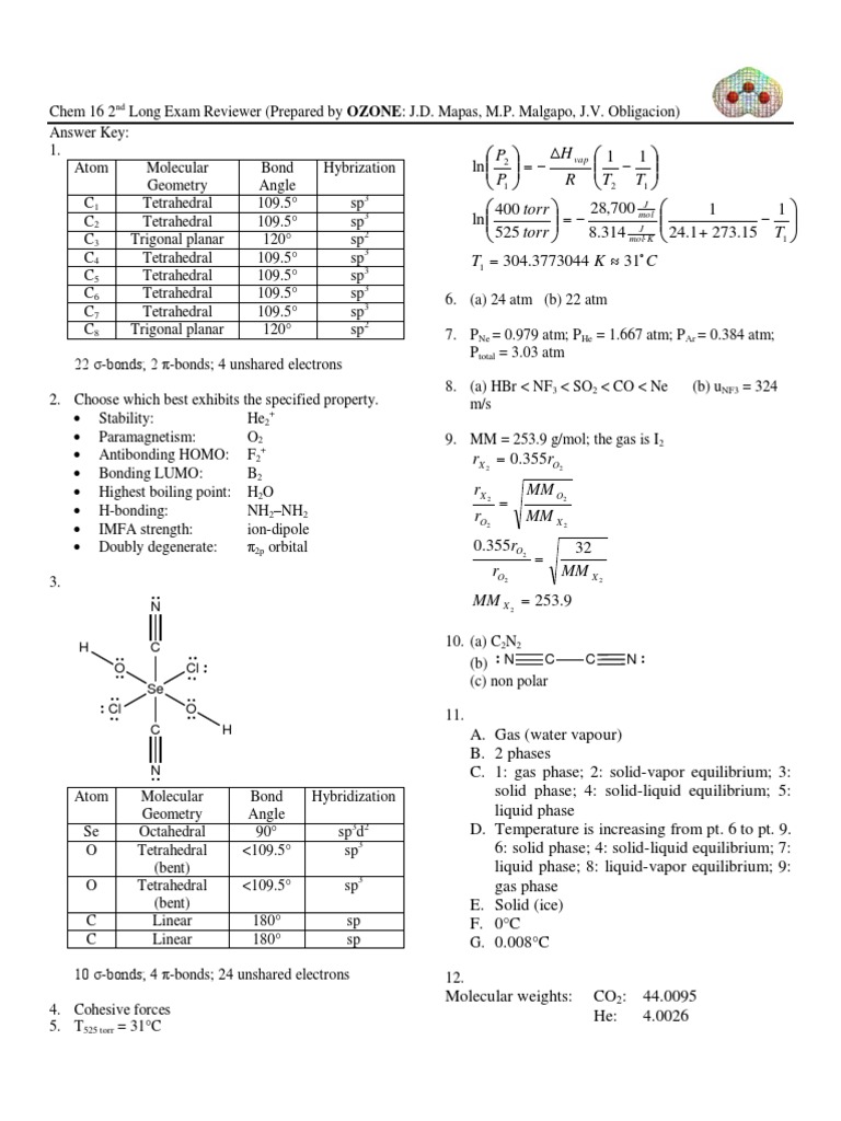 Chem 16 2nd Long Exam Reviewer 2 (Answer Key) | PDF