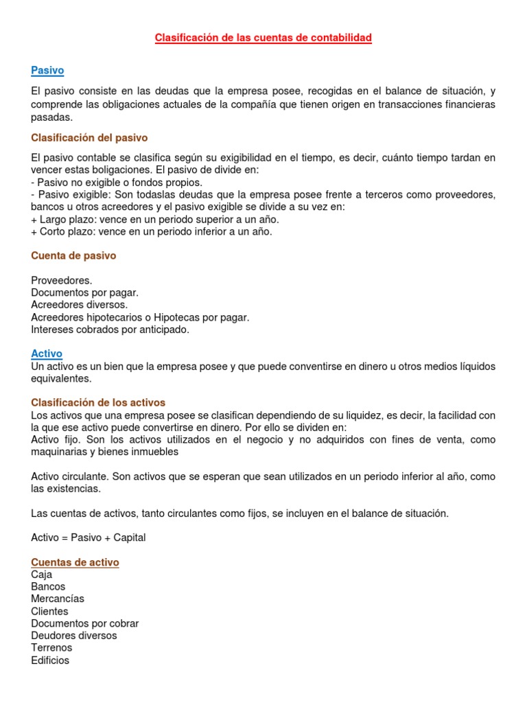 Clasificación de Las Cuentas de Contabilidad (Activo, Pasivo, Perdidas y Ganancias) | PDF ...