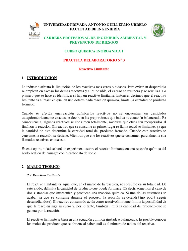 Determinación del Reactivo Limitante en Laboratorio | PDF | Procesos ...