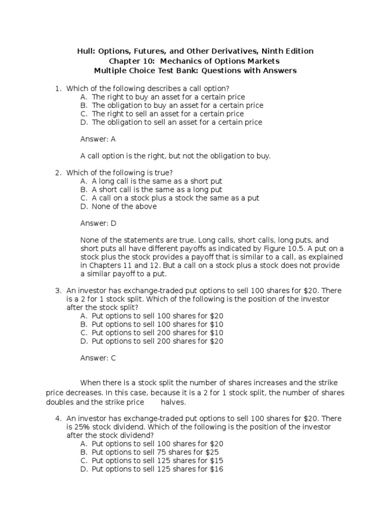 Hull OFOD9e MultipleChoice Questions and Answers Ch10 PDF | PDF | Put Option | Option (Finance)