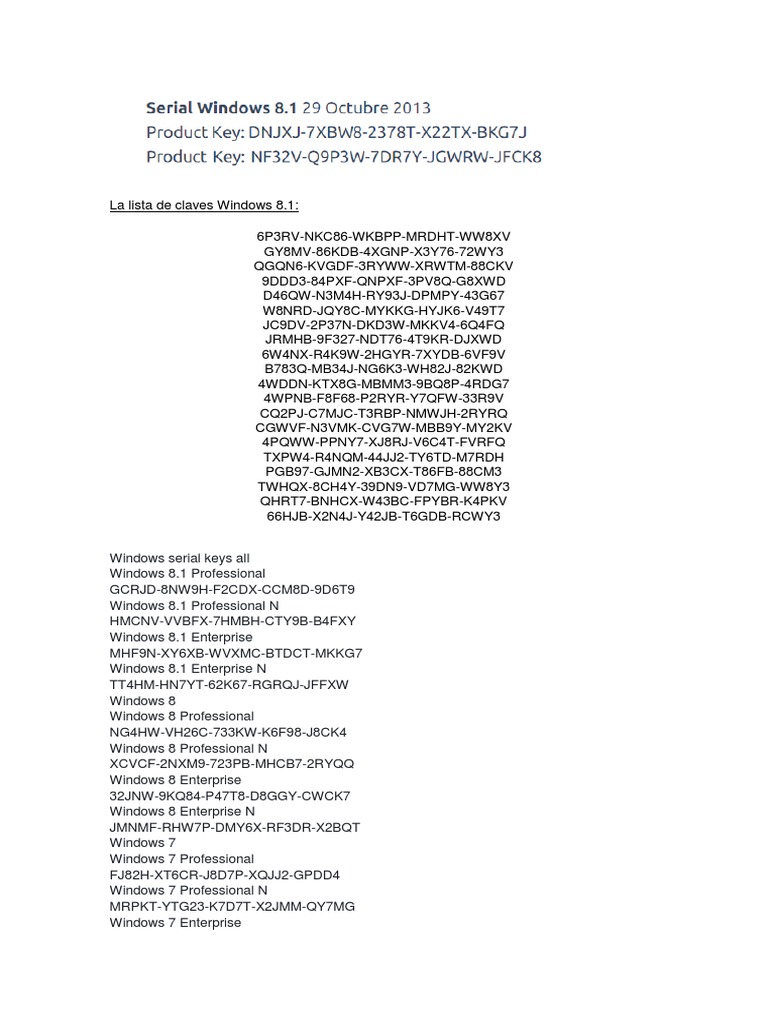 La Lista de Claves Windows 8 | PDF | Windows Server 2008 | Windows 8
