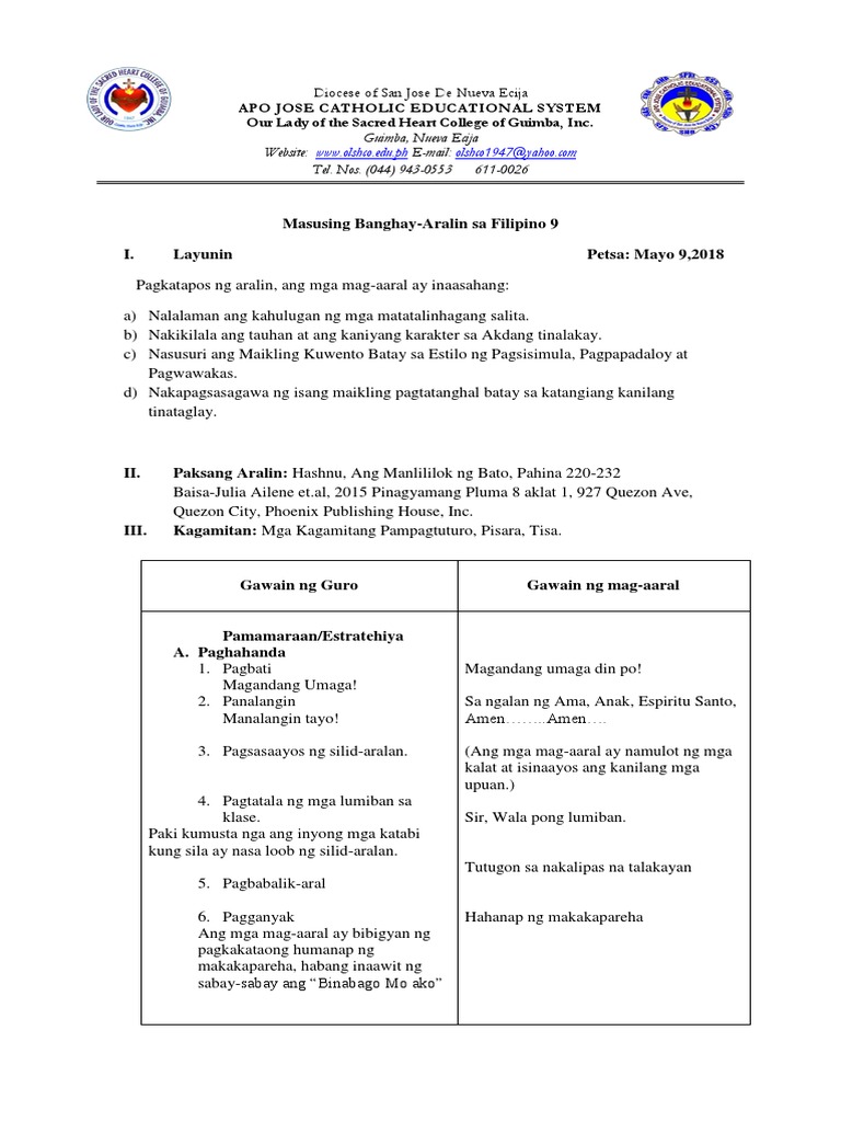 Detailed Lesson Plan in Filipino Baitang 9 "Hashnu, Ang Manlililok NG ...