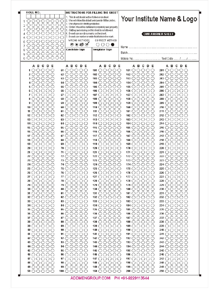 Answer Sheet Template 1 200