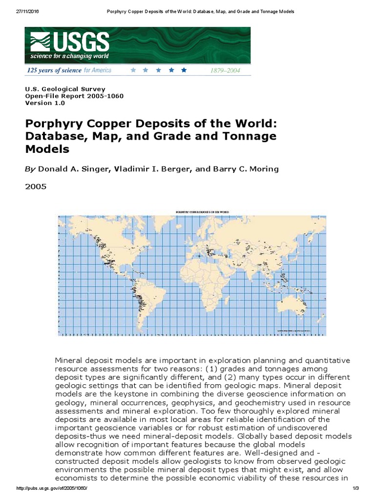 Porphyry Copper Deposits of The World - Database, Map, and Grade and ...