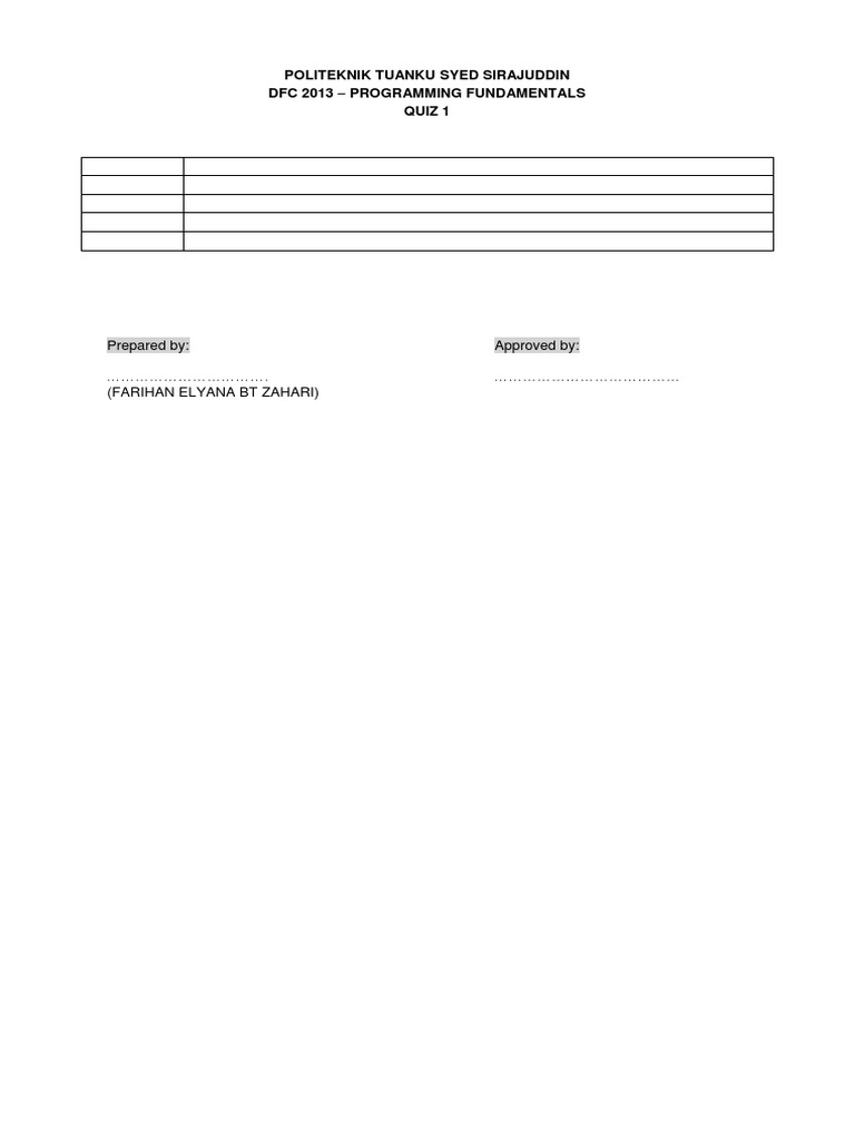Politeknik Tuanku Syed Sirajuddin Dfc 2013 Programming Fundamentals Quiz 1 Pdf