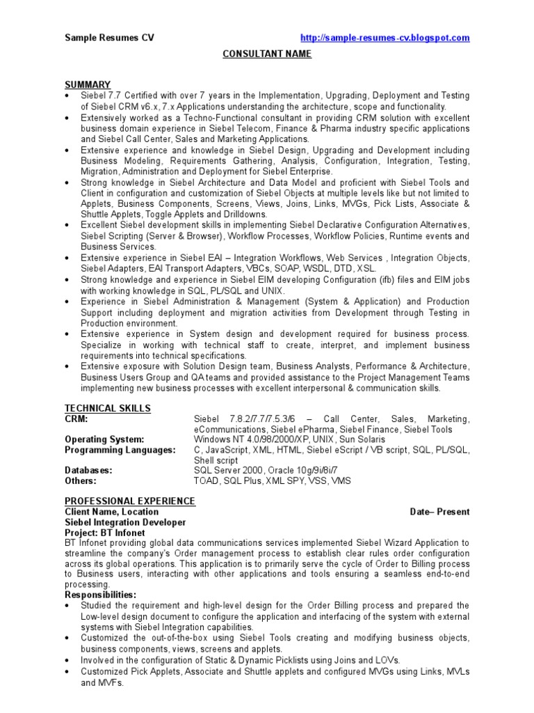 Siebel Developer - Sample Resume CV | PDF | Oracle Database | Scripting Language