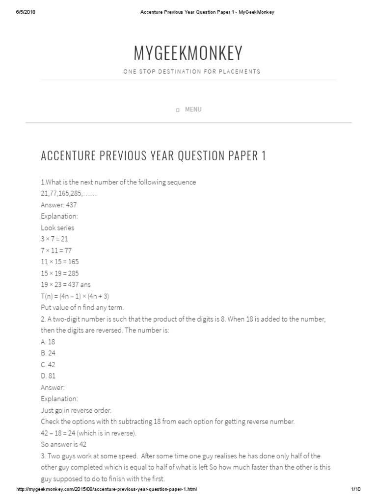 Accenture Previous Year Question Paper 1 - MyGeekMonkey PDF | PDF | Odds | Teaching Mathematics