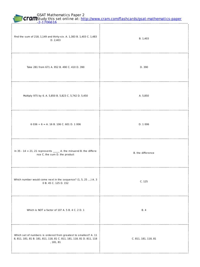 GSAT Mathematics Paper 2 Study This Set Online at | PDF | Elementary ...