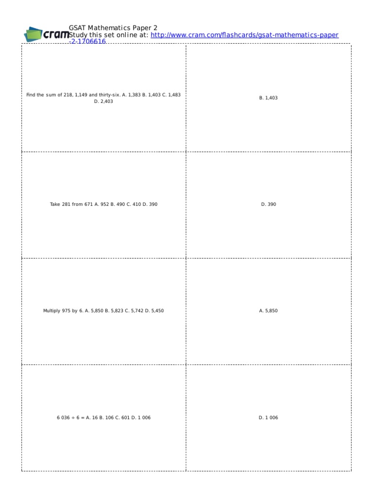 GSAT Mathematics Paper 2 Study This Set Online at | PDF | Elementary ...