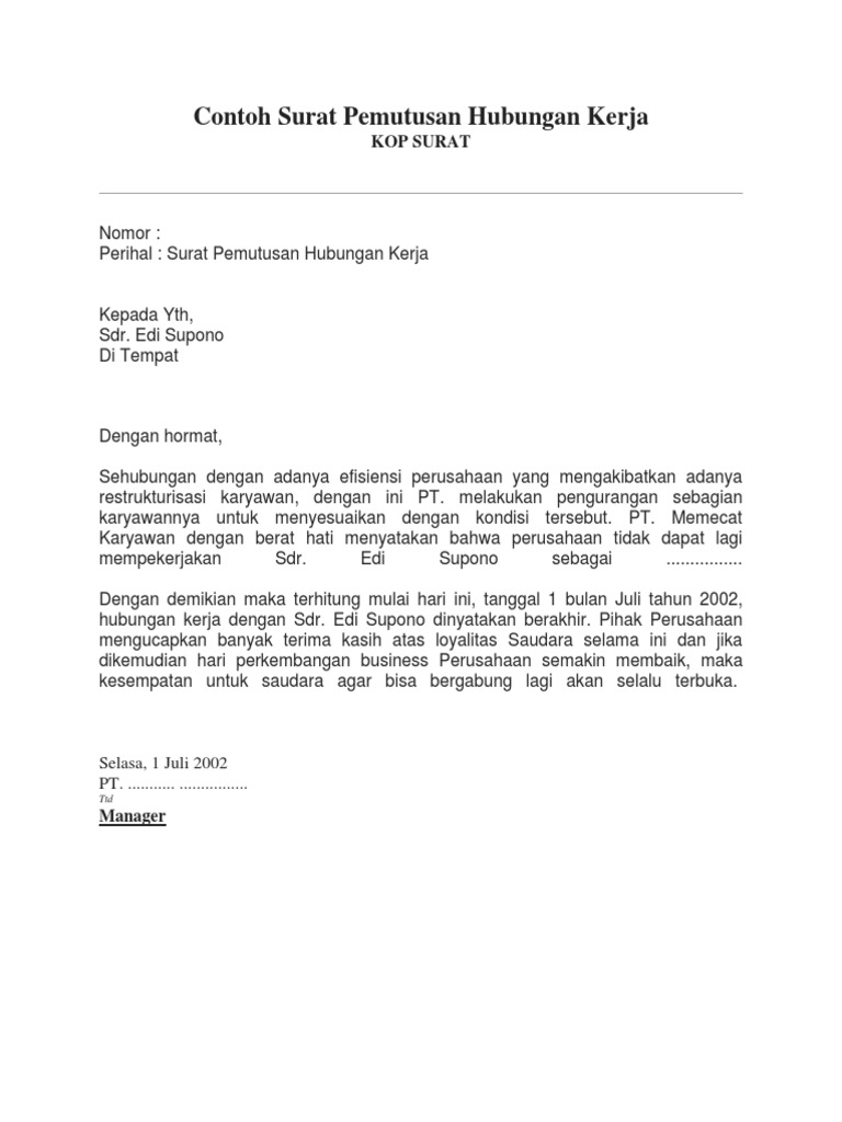 Contoh Surat Pemutusan Hubungan Kerja (PHK) | PDF