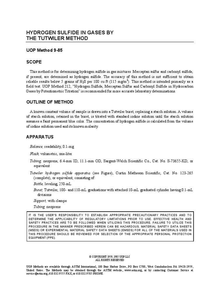 UOP 9 Hydrogen Sulphide in Gases by The Tutweiller Method | PDF ...