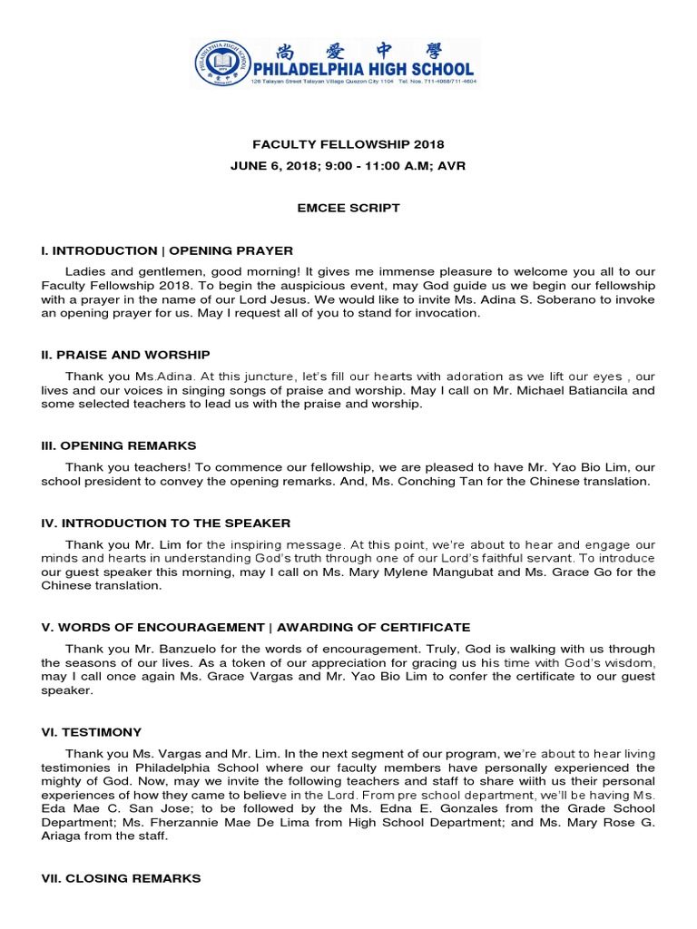 Faculty Felloship 2018 Emcee Script | PDF | Worship | Prayer