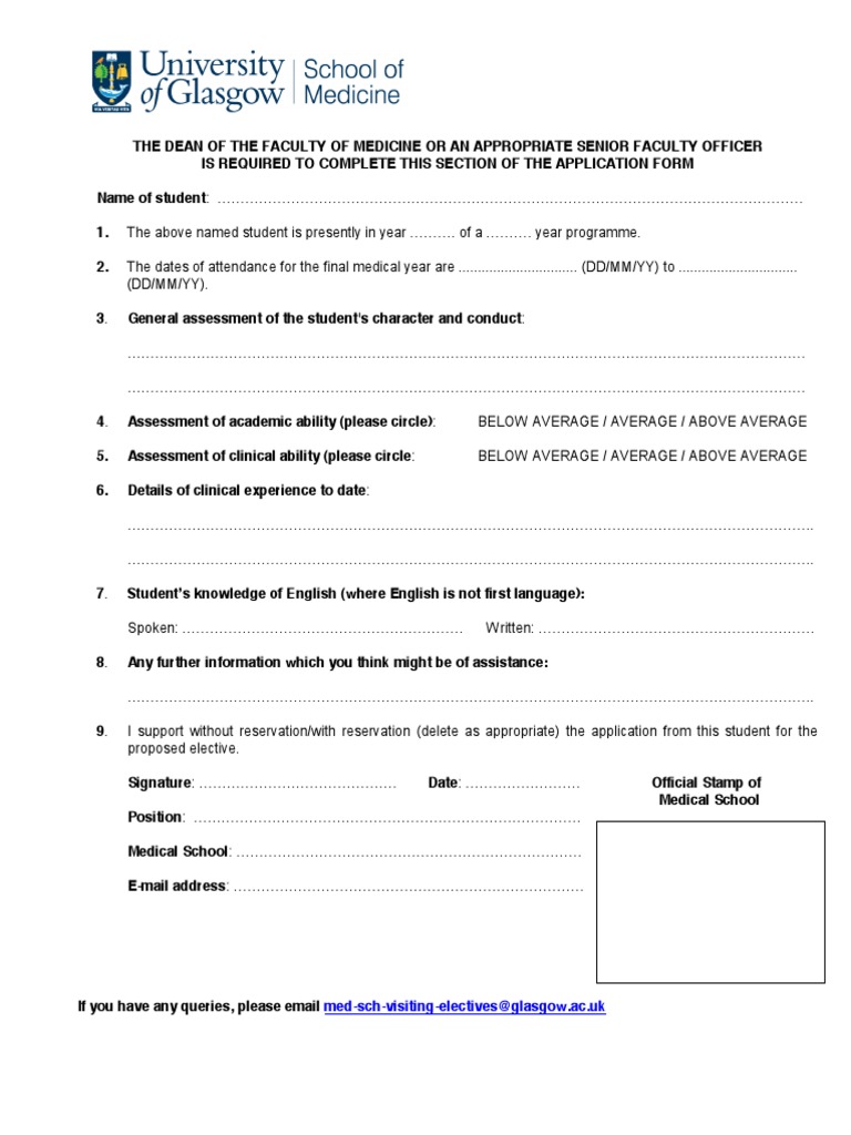 Application for Elective Placement: Medical School Dean Assessment Form ...