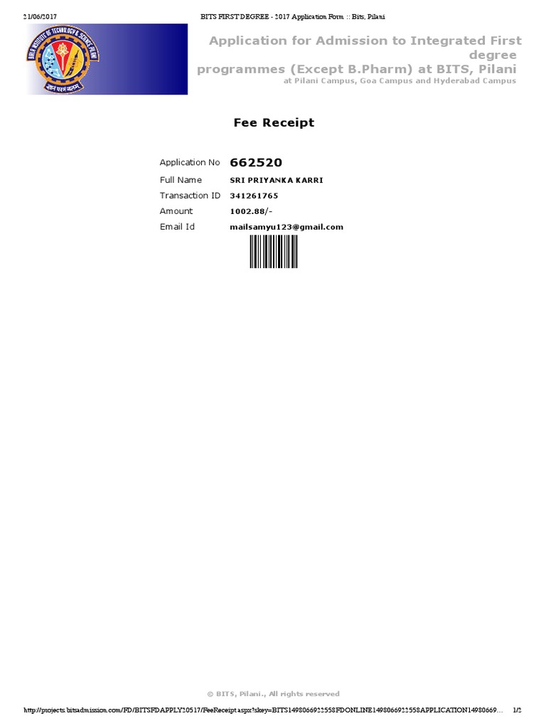 Fee Receipt 662520: Application For Admission To Integrated First ...