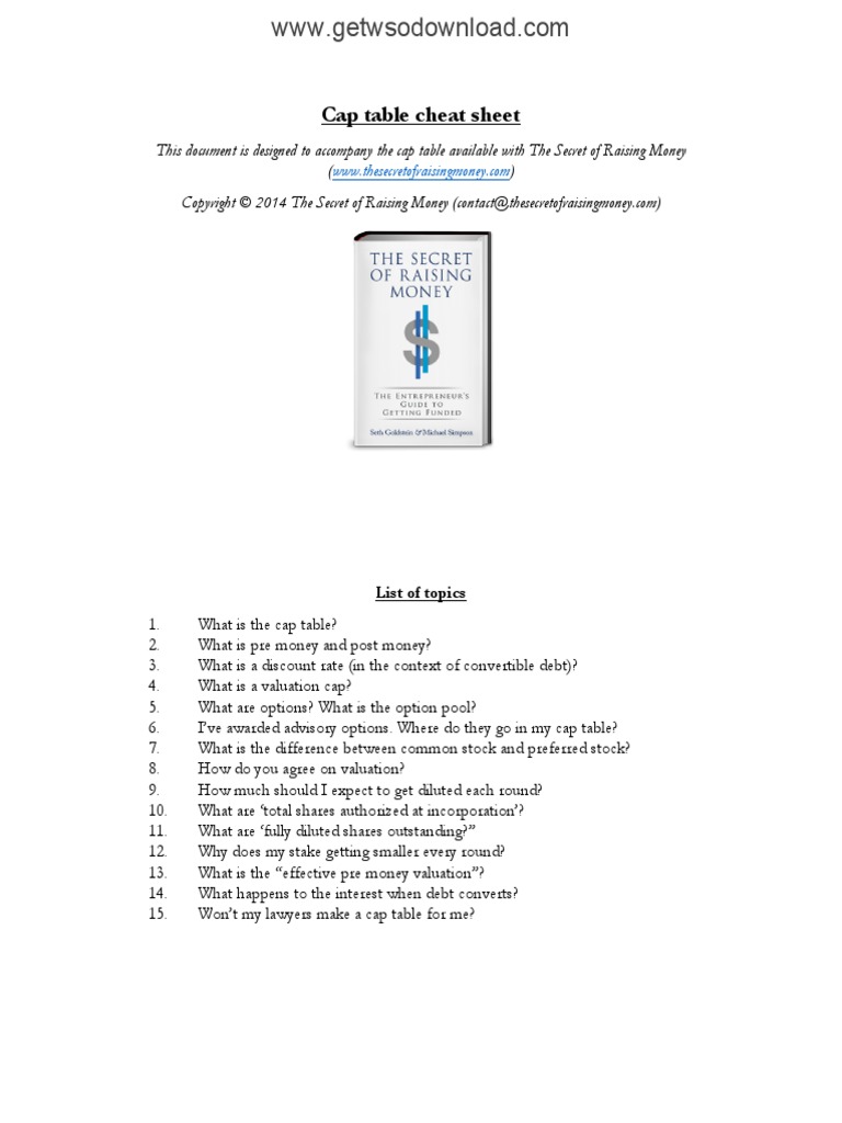 Cap Table Cheat Sheet | PDF | Stocks | Option (Finance)