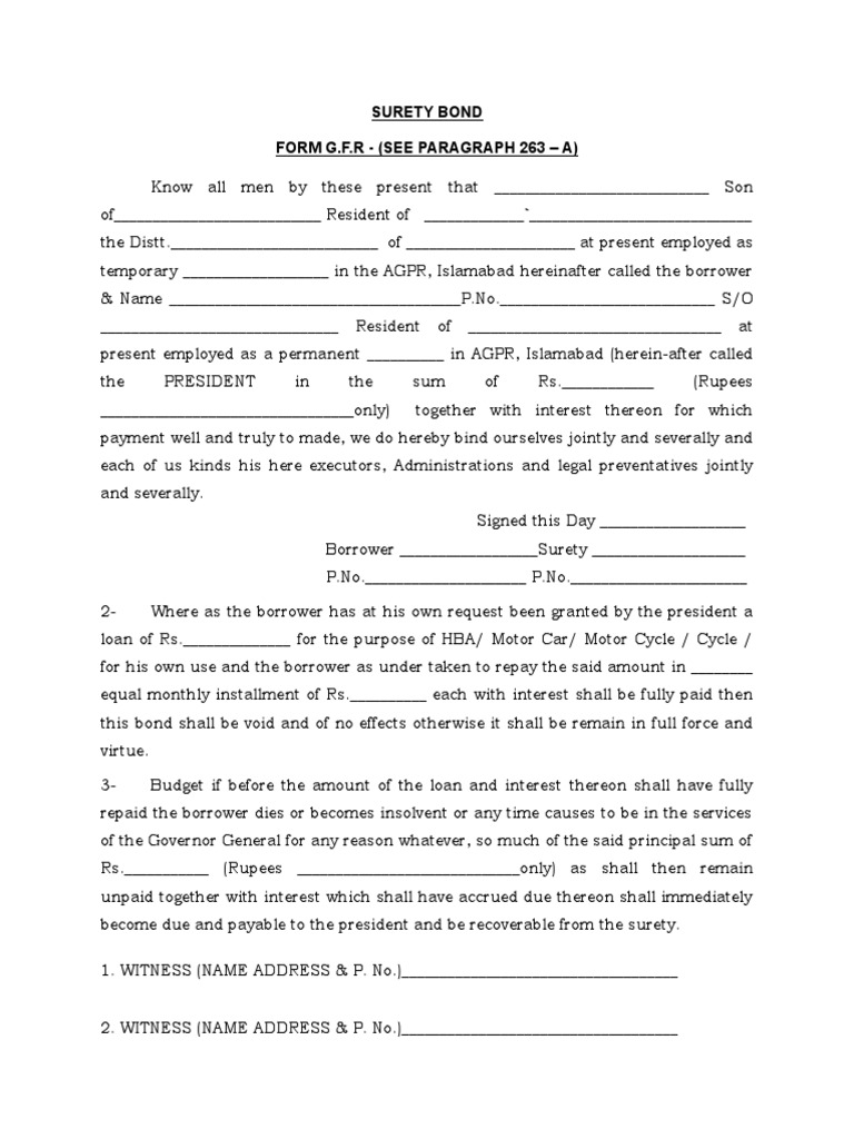 Surety Bond Form G.F.R - (See Paragraph 263 - A) | PDF | Loans | Bonds ...