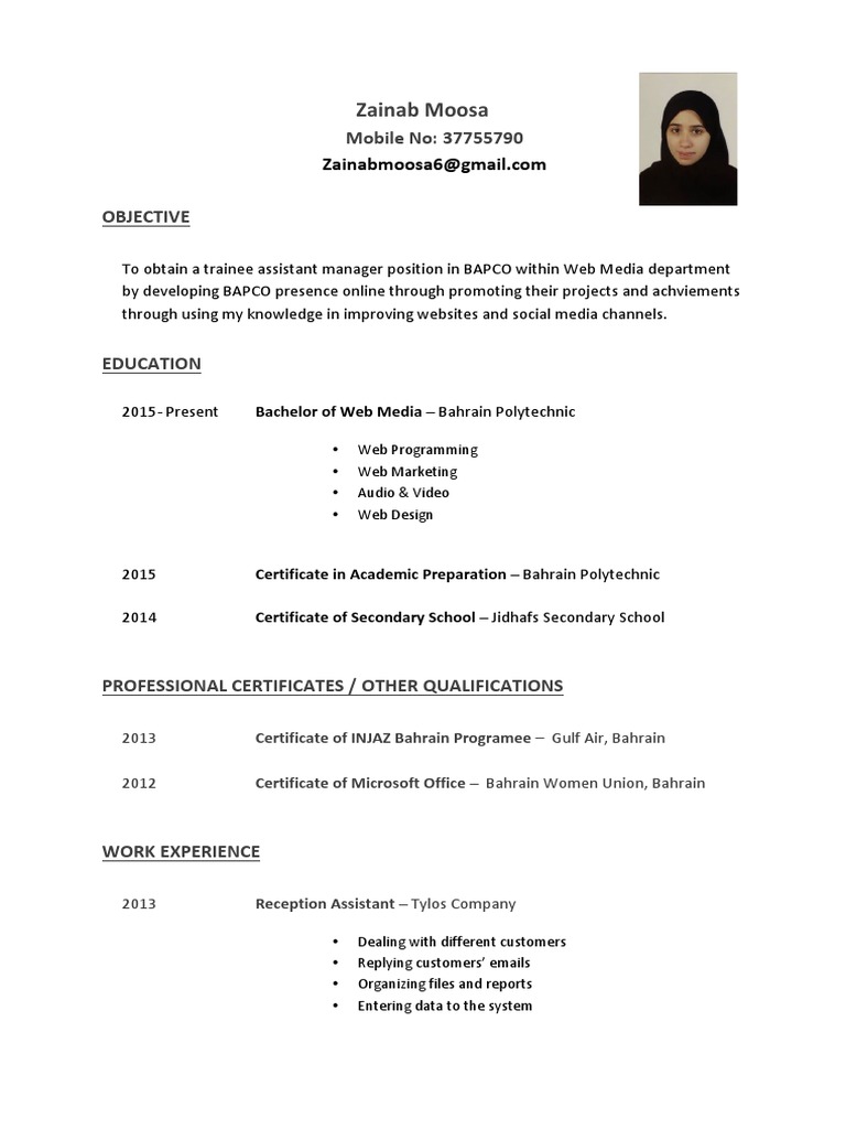 Zainab Moosa CV | PDF | Mass Media | Volunteering