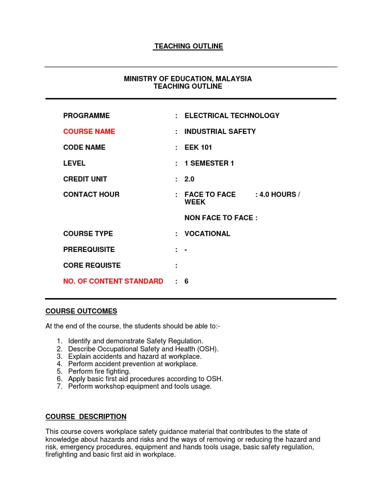 Contoh Teaching Outline | PDF | Occupational Safety And Health | Safety