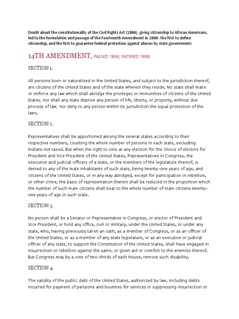 14Th Amendment,: Section 1 | PDF | U.S. State | Citizenship