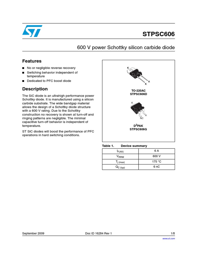 STPSC606: 600 V Power Schottky Silicon Carbide Diode | PDF | Diode ...