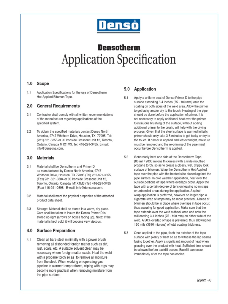 Denso Densotherm Application Spec | PDF | Pipe (Fluid Conveyance) | Asphalt