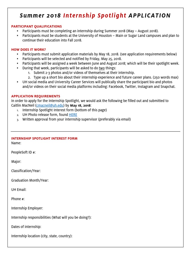 Summer 2018 Internship Spotlight Application | PDF