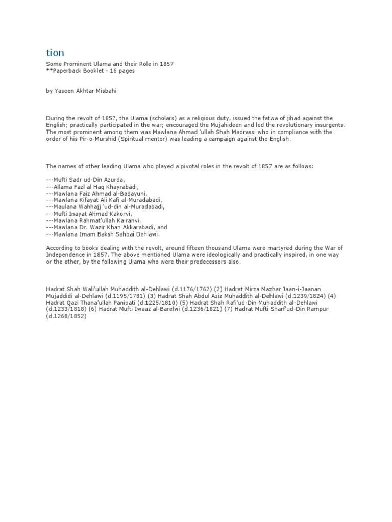 The Role of Prominent Ulama in the 1857 Rebellion: Inspiring Religious ...
