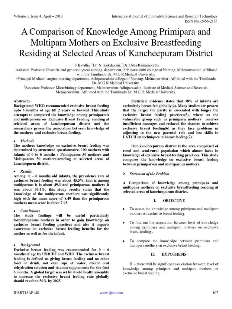 Knowledge on Breastfeeding: Primipara vs Multipara | PDF ...