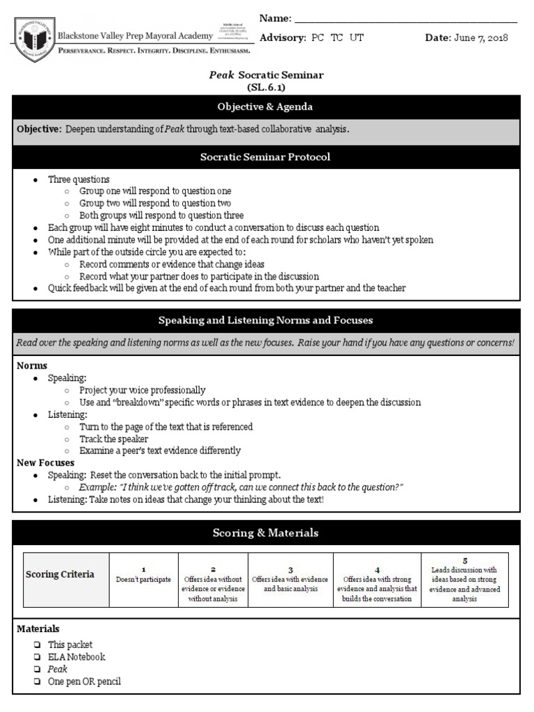 Peak Socratic Seminar Packet 6 2f7 | PDF | Conversation | Human ...