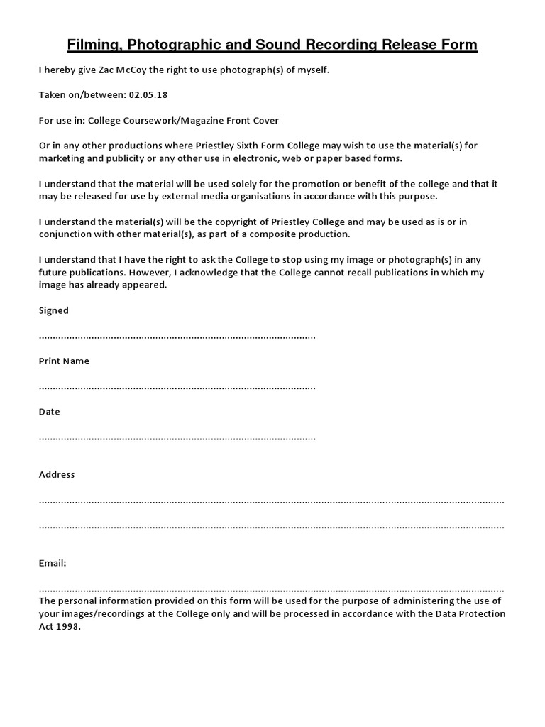 Filming, Photographic and Sound Recording Release Form | PDF