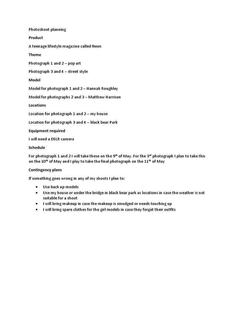 Photoshoot Planning | PDF