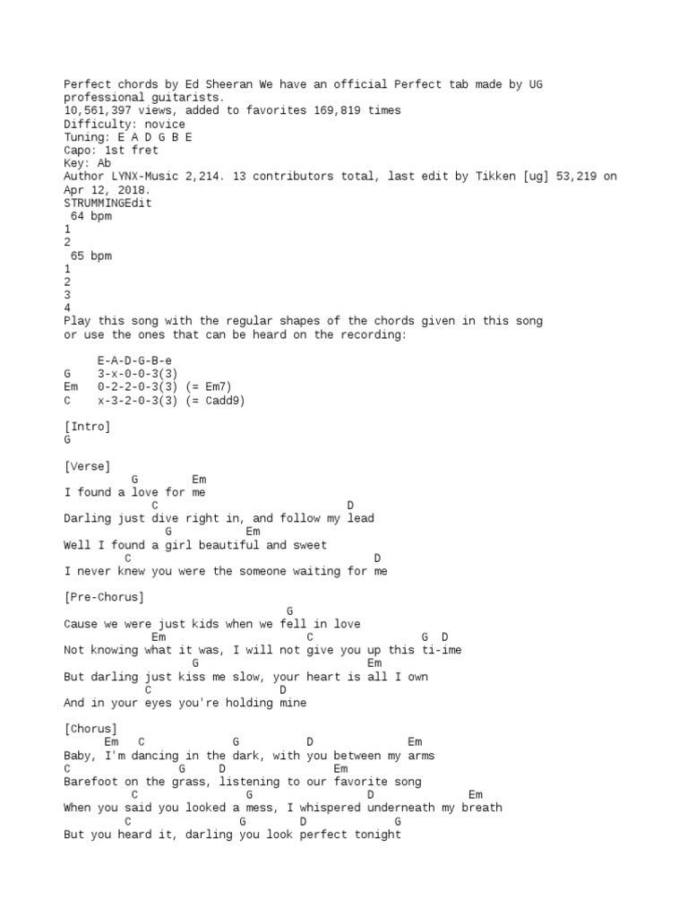 Ed Sheeran's Perfect Chords and Tab | PDF | Song Structure | Pop Songs