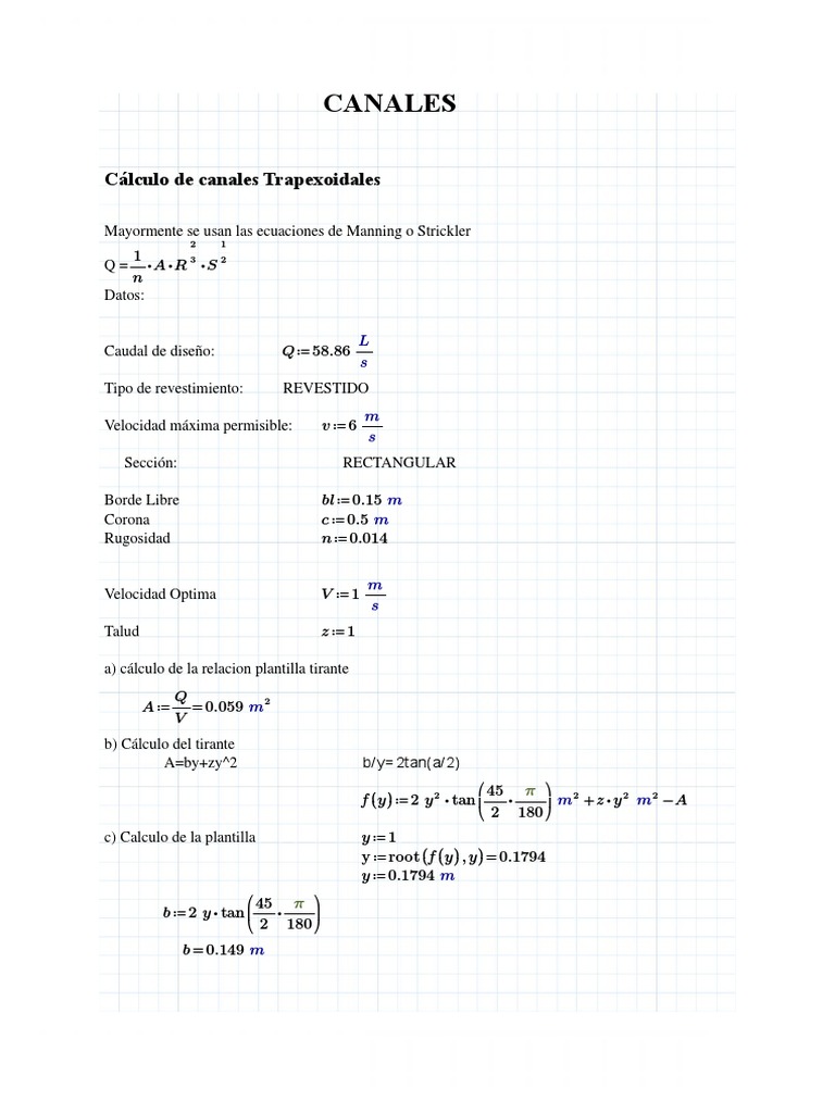 Calculo de Seccion de Canales Trapezoidales | PDF