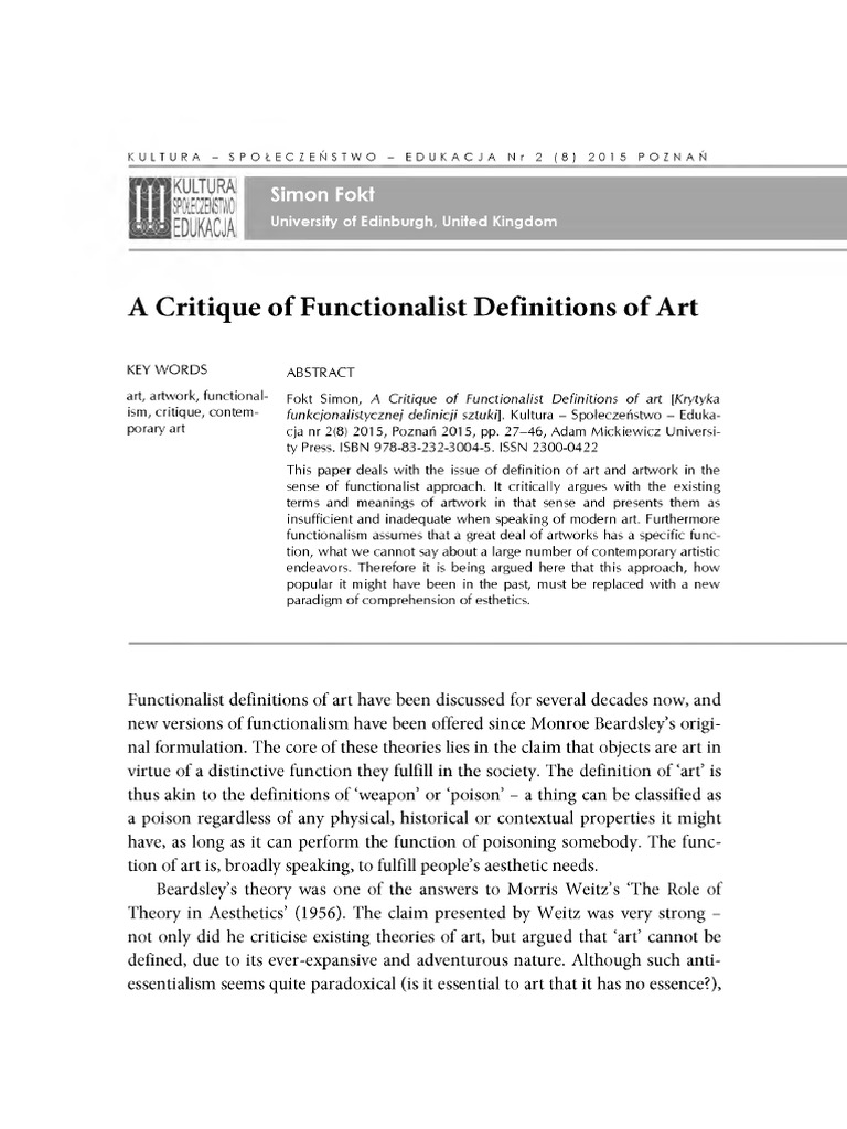 Critique of Functionalist Art Definitions | PDF | Aesthetics | Definition