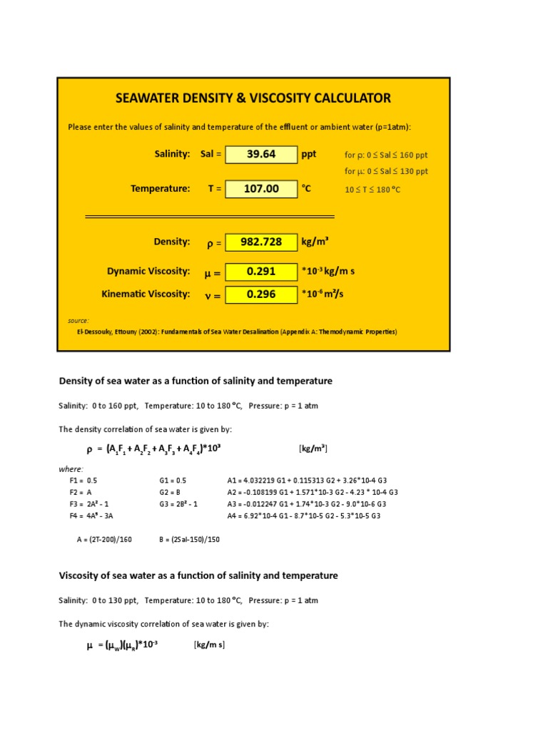 Density&Viscosity Calculator | PDF | Salinity | Seawater