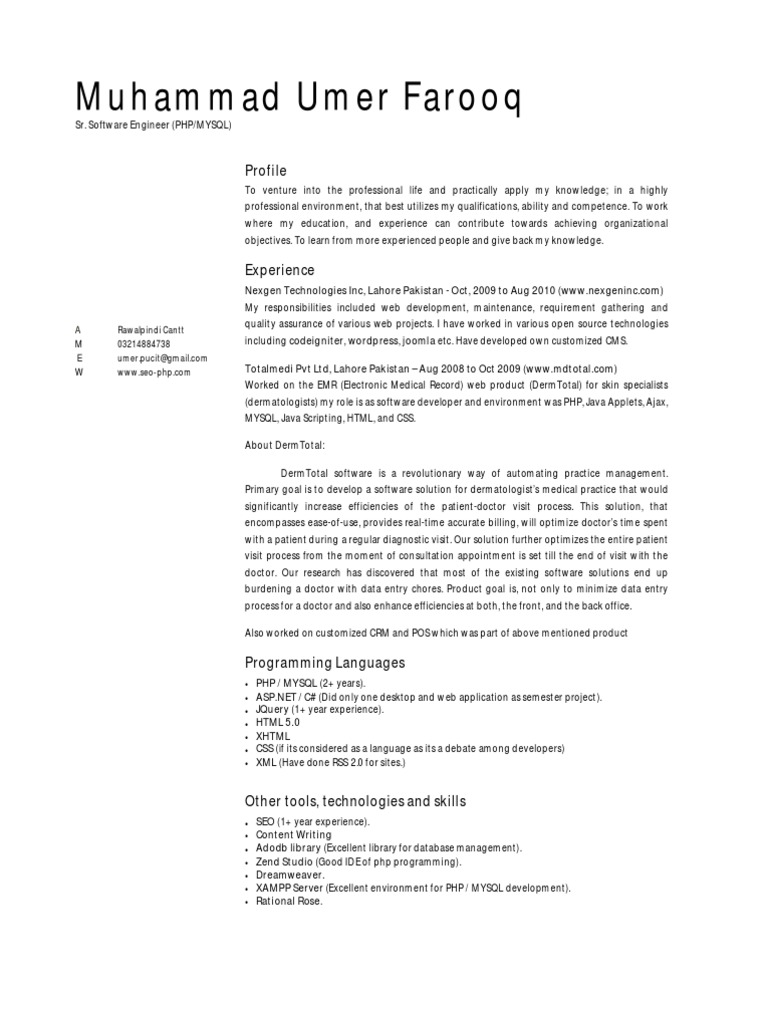 Resume Muhammad Umer Farooq | PDF | Php | Electronic Health Record