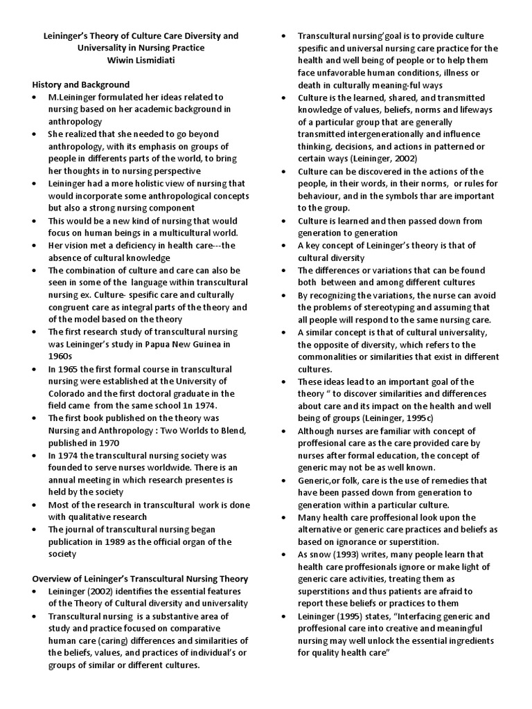 Leininger's Theory of Culture Care Diversity and Universality in ...