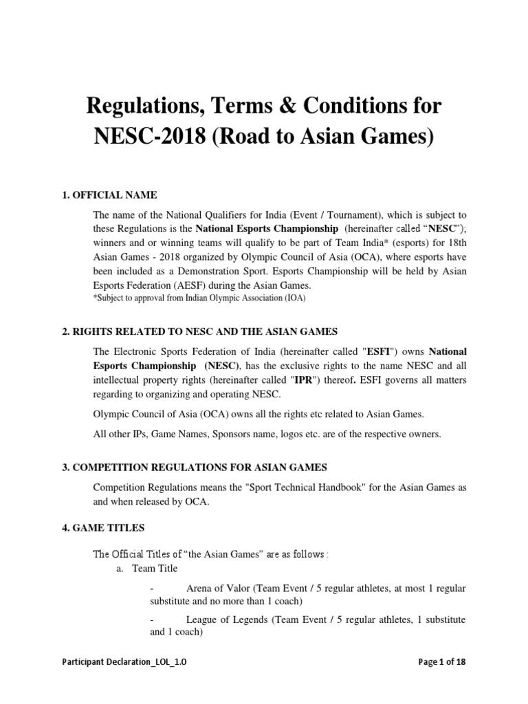 Esports Federation of India Contract For Road To Asian Games | PDF ...