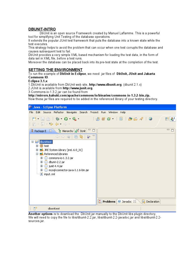 Dbunit-Intro: Commons IO. Eclipse 3.1.x | PDF | Databases | Method (Computer Programming)