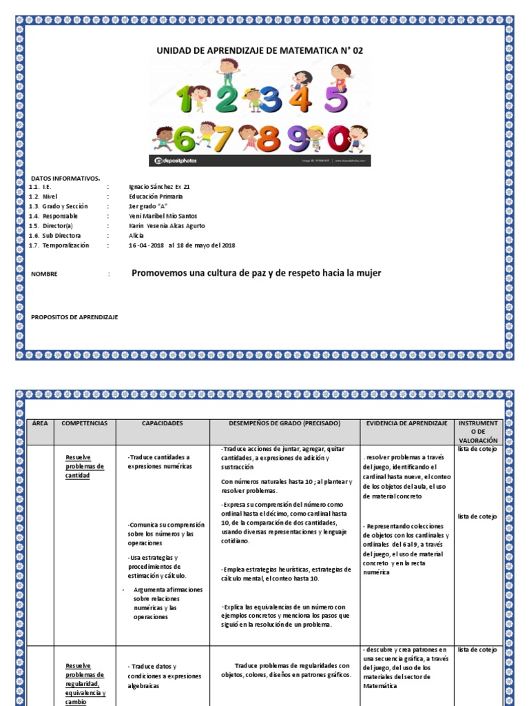 UNIDAD DE APRENDIZAJE DE MATEMATICAS N° 02-PRIMER GRADO.docx | Cuaderno ...