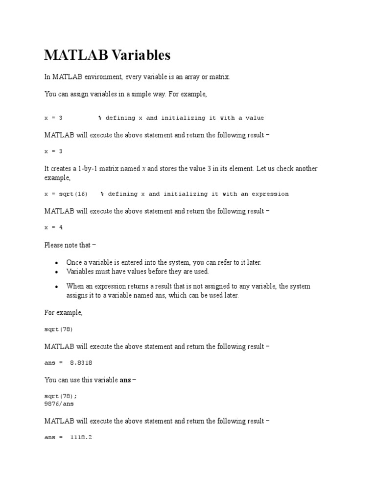 Matlab Variables X 3 Defining X And Initializing It With A Value Pdf Variable Computer