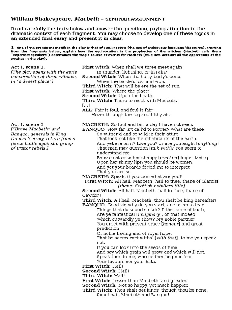 Macbeth Seminar Assignment Overview | PDF | Macbeth