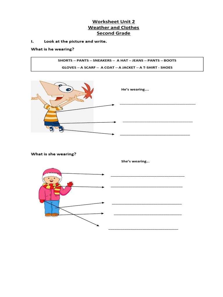 I. Look at The Picture and Write. What Is He Wearing?: Worksheet Unit 2 ...
